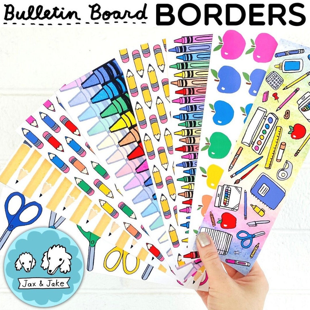 Back to School Doodles Bulletin Board Borders - Rainbow Crayon, Apple ...