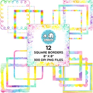 SQUARE Pastel Rainbow Watercolor Borders, Watercolor Clip Art Frames ...
