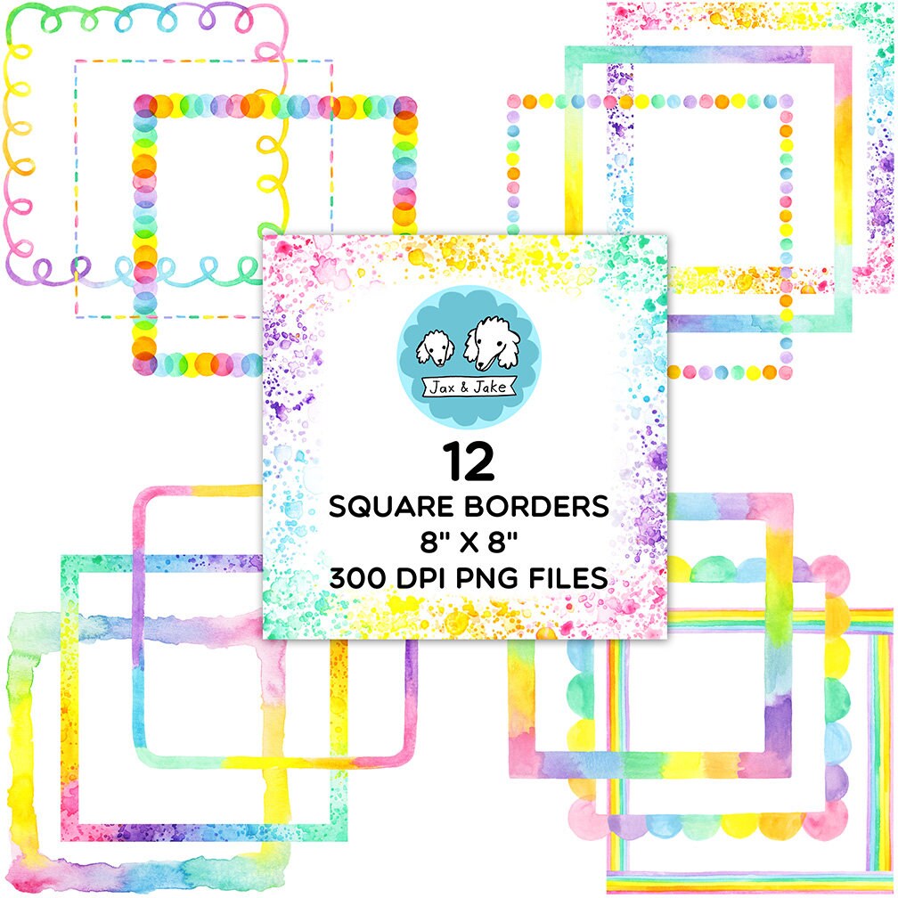 SQUARE Pastel Rainbow Watercolor Borders Watercolor Clip Art - Etsy