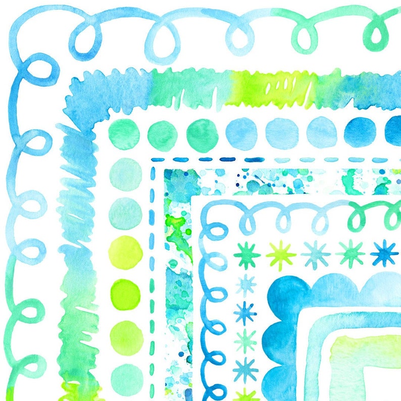 Bright Pastels Blue and Green Watercolor Border Clipart, Teal Clip Art ...