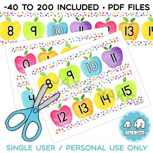 Rainbow Watercolor Apple Number Line 40 to 200, Printable Watercolor ...