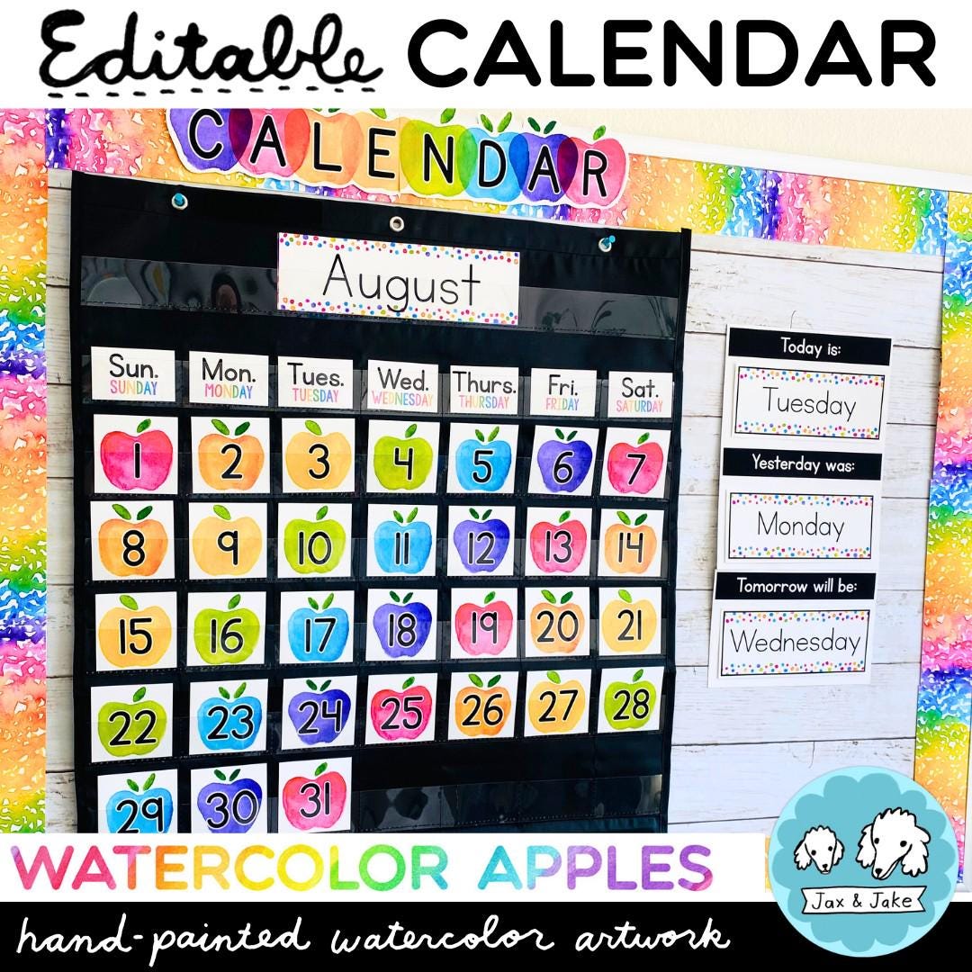 Watercolor Apples Editable Classroom Calendar Cards for Pocket Chart ...