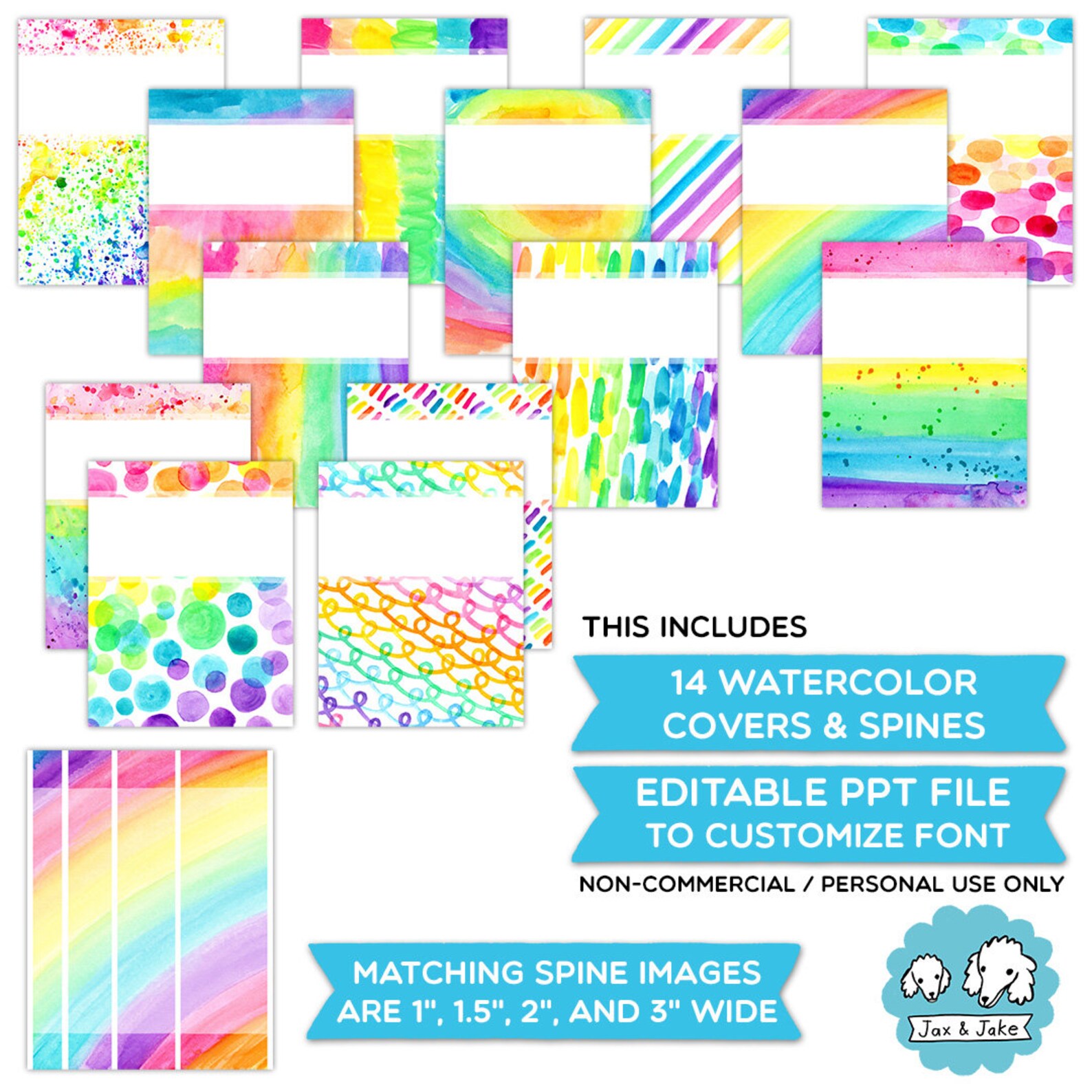 Rainbow Watercolor Editable Binder Covers and Spines - Etsy