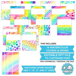 Rainbow Watercolor Editable Binder Covers and Spines, Printable Teacher ...