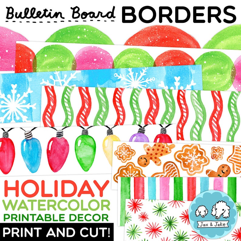 Christmas Bulletin Board Borders, Printable Watercolor Winter Holiday ...