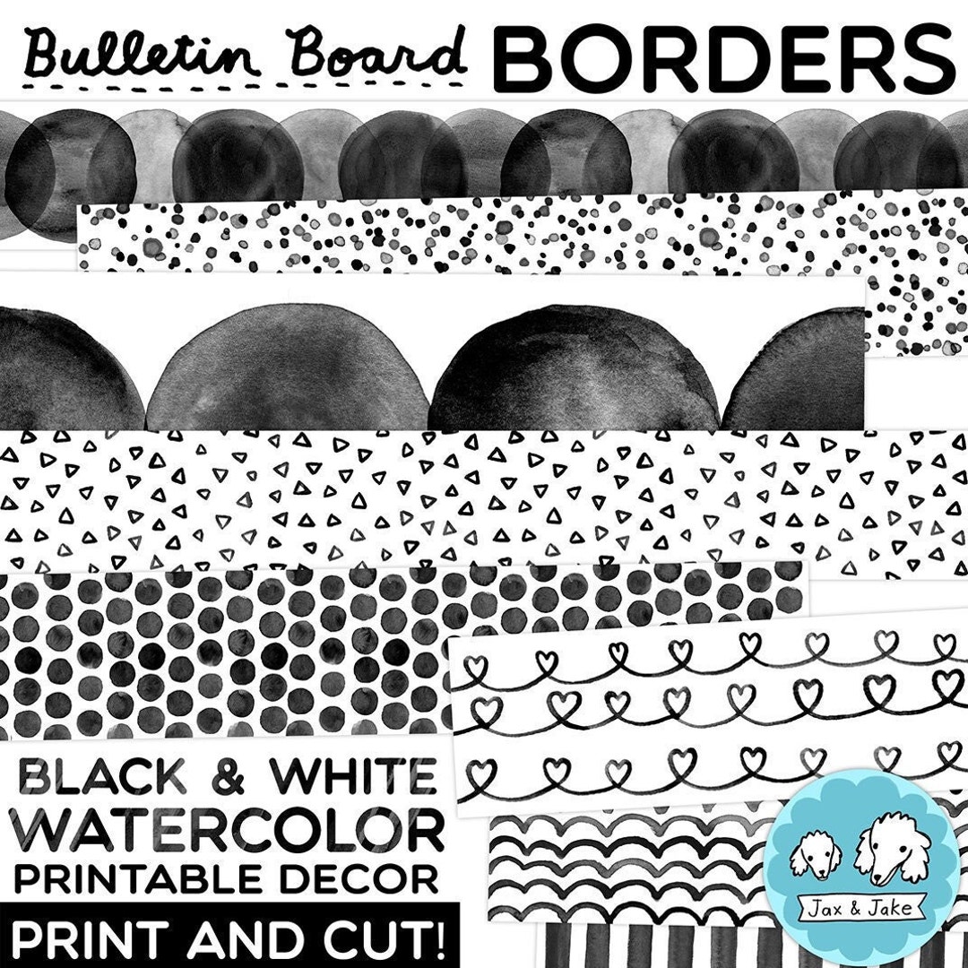 Black and White Watercolor Bulletin Board Borders, Printable Watercolor ...