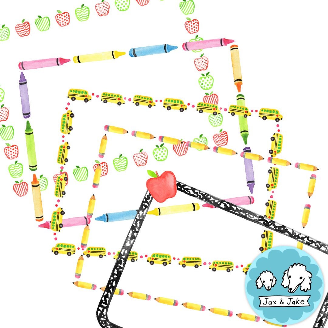 Watercolor Back to School Clipart Borders, Apple, Crayons, and Pencils ...