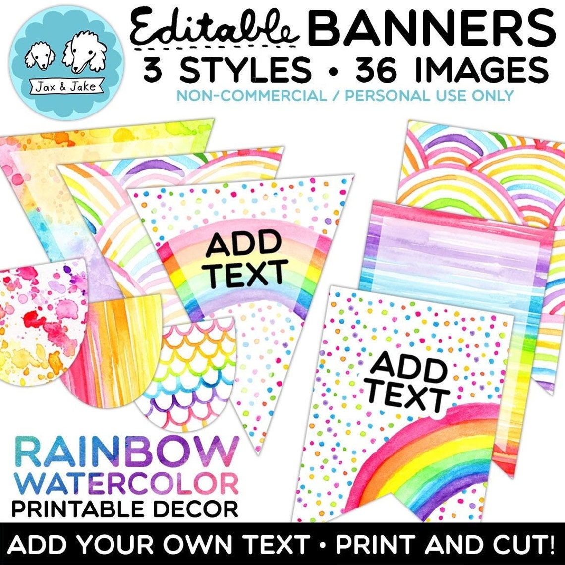 Editable Rainbow Watercolor Banners 2 Printable Banner for - Etsy