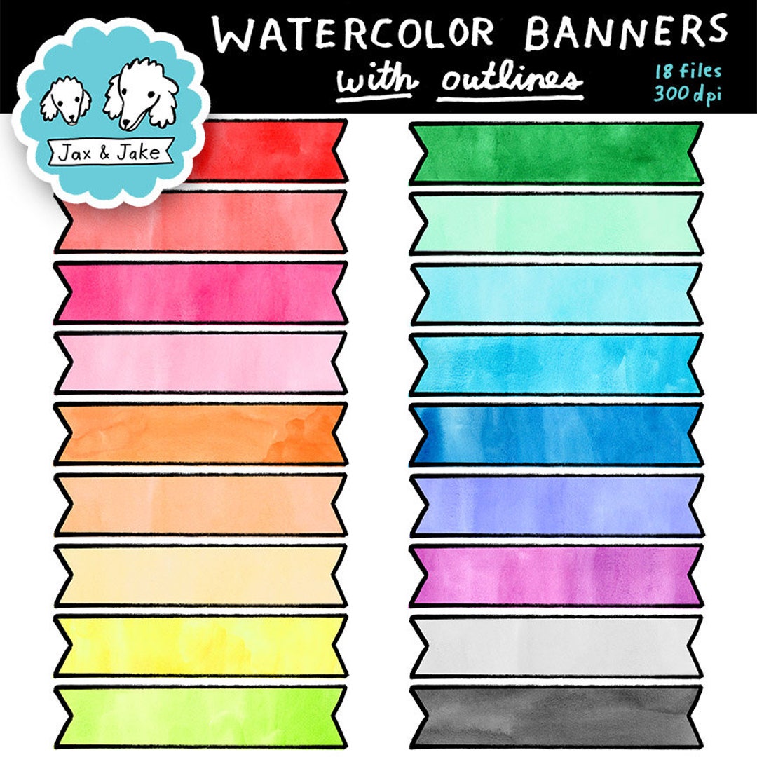 Watercolor Banner Clipart With Outlines | 2x8 Printable Label ...