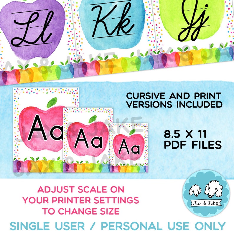 Rainbow Watercolor Confetti Apple Alphabet Posters, Includes Print and ...
