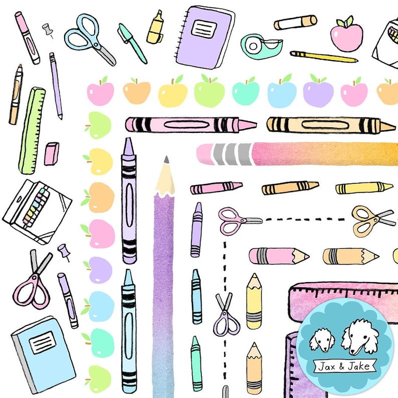 Pastel Rainbow School Clipart Borders Back to School Supplies - Etsy