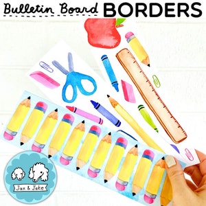 Printable Watercolor School Bulletin Board Borders - Crayon, Apple ...