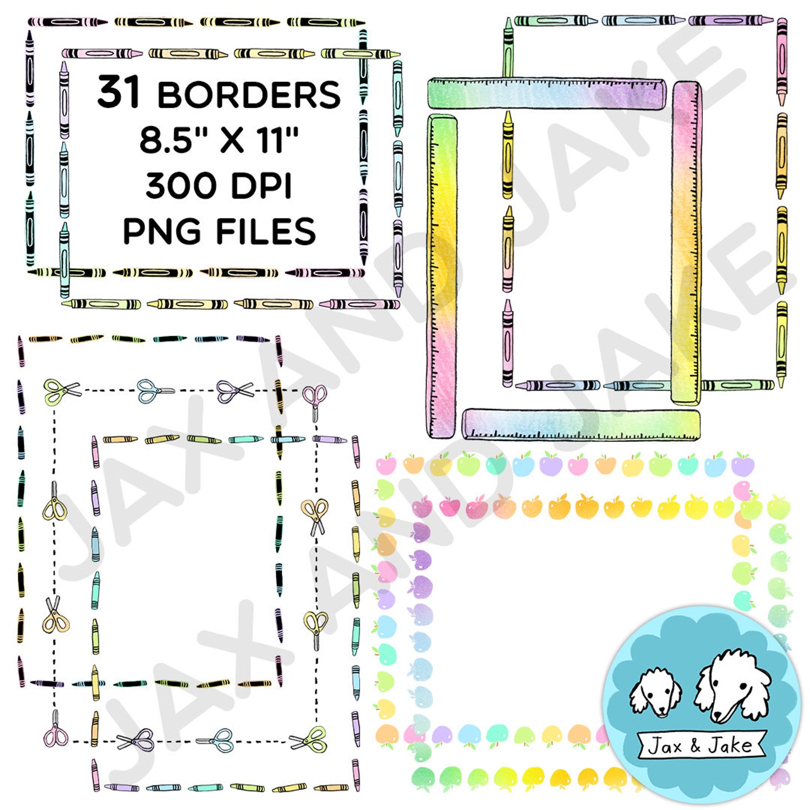 Pastel Rainbow School Clipart Borders, Back to School Supplies Clip Art ...