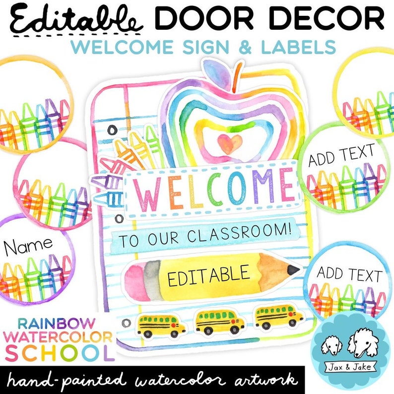 Rainbow Watercolor Back to School Editable Door Decor, Welcome Sign ...