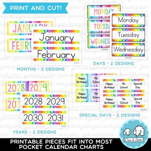 Editable Classroom Calendar Cards for Pocket Chart, Colorful Rainbow ...