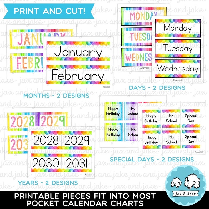 Editable Classroom Calendar Cards for Pocket Chart, Colorful Rainbow ...