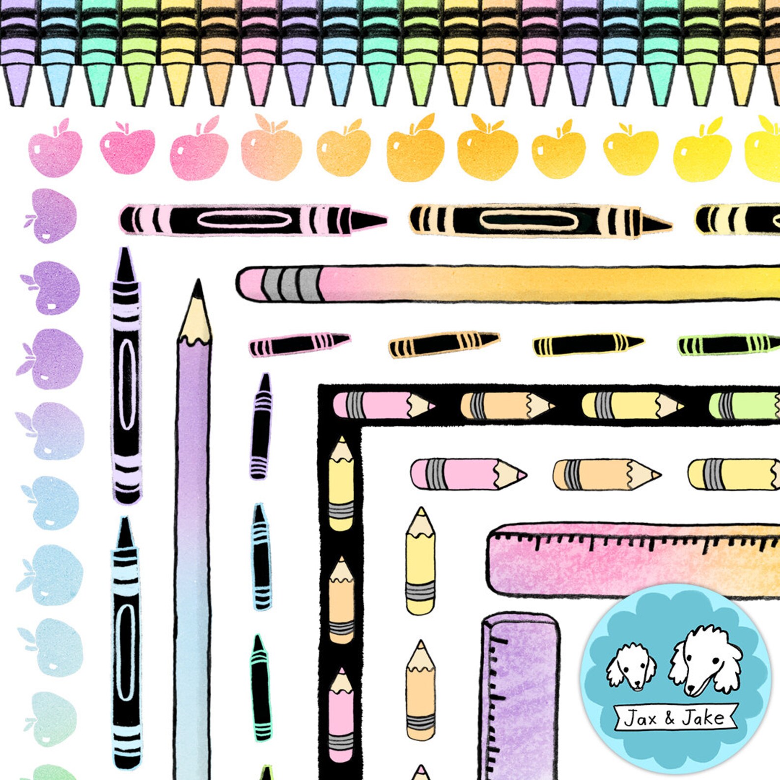 Pastel Rainbow School Clipart Borders Back to School Supplies - Etsy