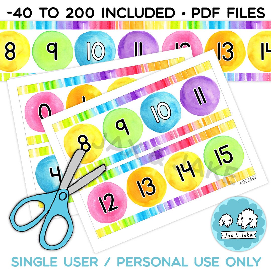 Printable Rainbow Watercolor Number Line Display 40 to 200, Elementary ...