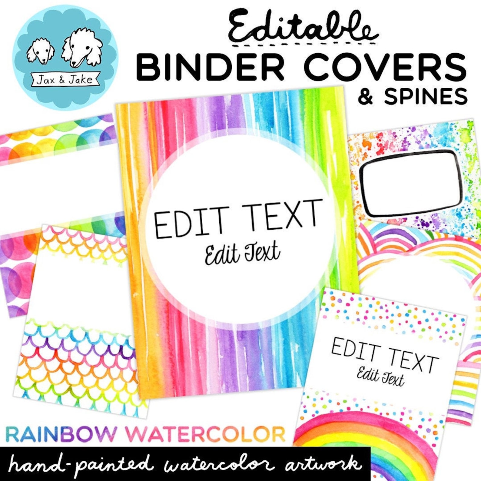 Hand Painted Rainbow Watercolor Editable Binder Covers and Spines ...