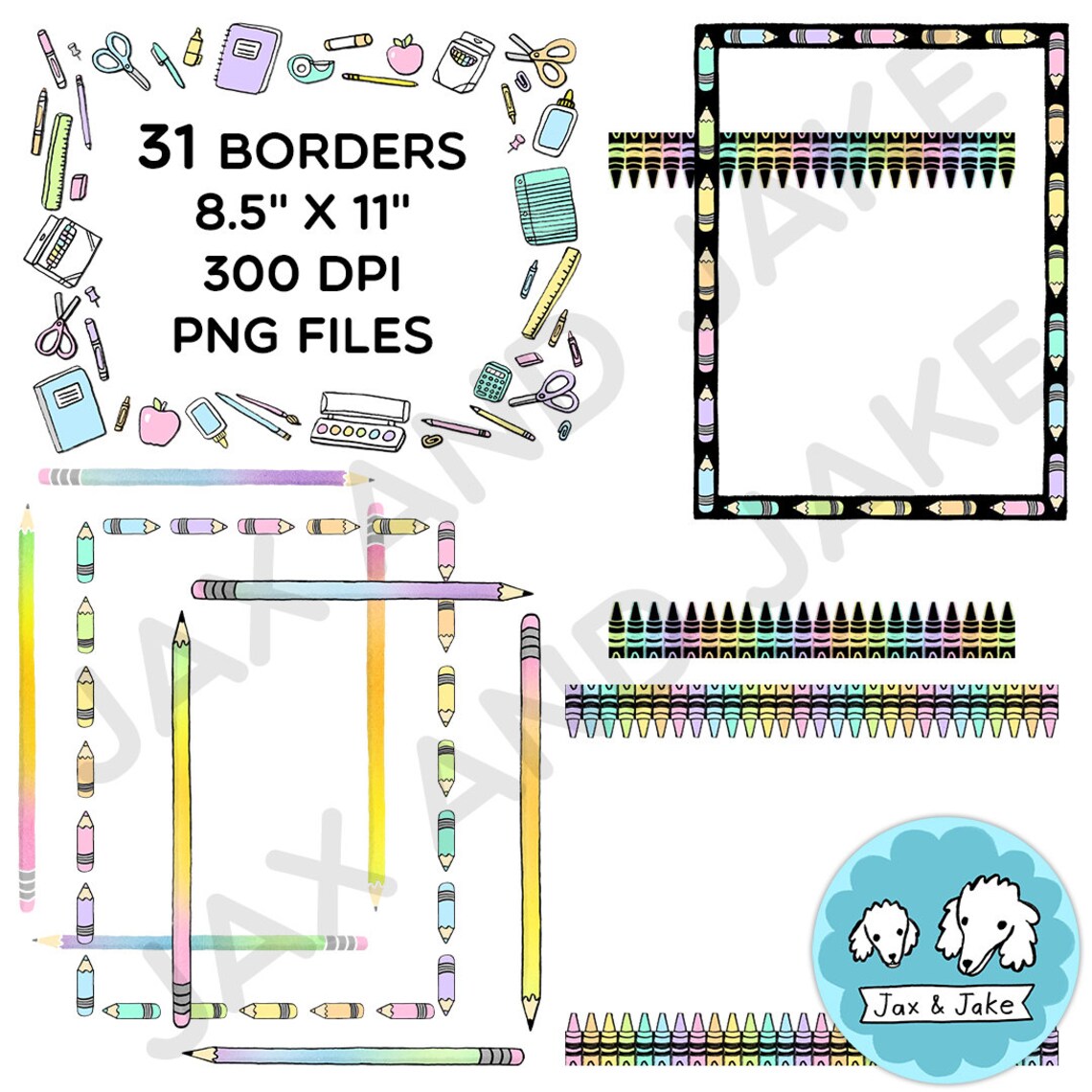 Pastel Rainbow School Clipart Borders Back to School Supplies - Etsy