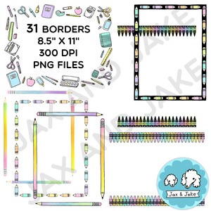 Pastel Rainbow School Clipart Borders, Back to School Supplies Clip Art ...
