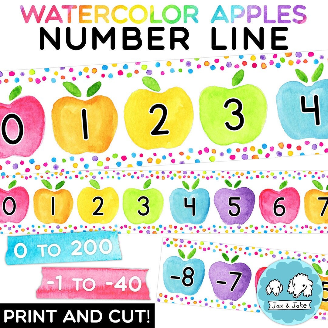 Rainbow Watercolor Apple Number Line 40 to 200, Printable Watercolor ...