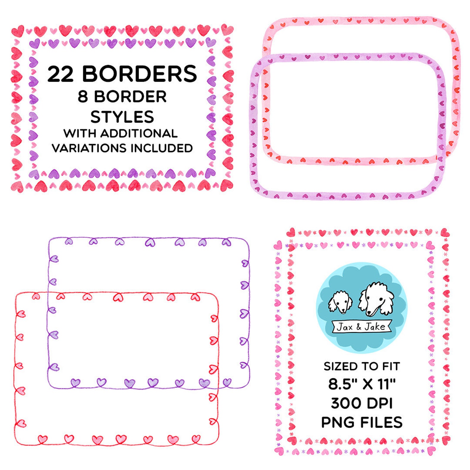 Watercolor Valentines Day Clipart Borders, Heart Clip Art Frames for ...