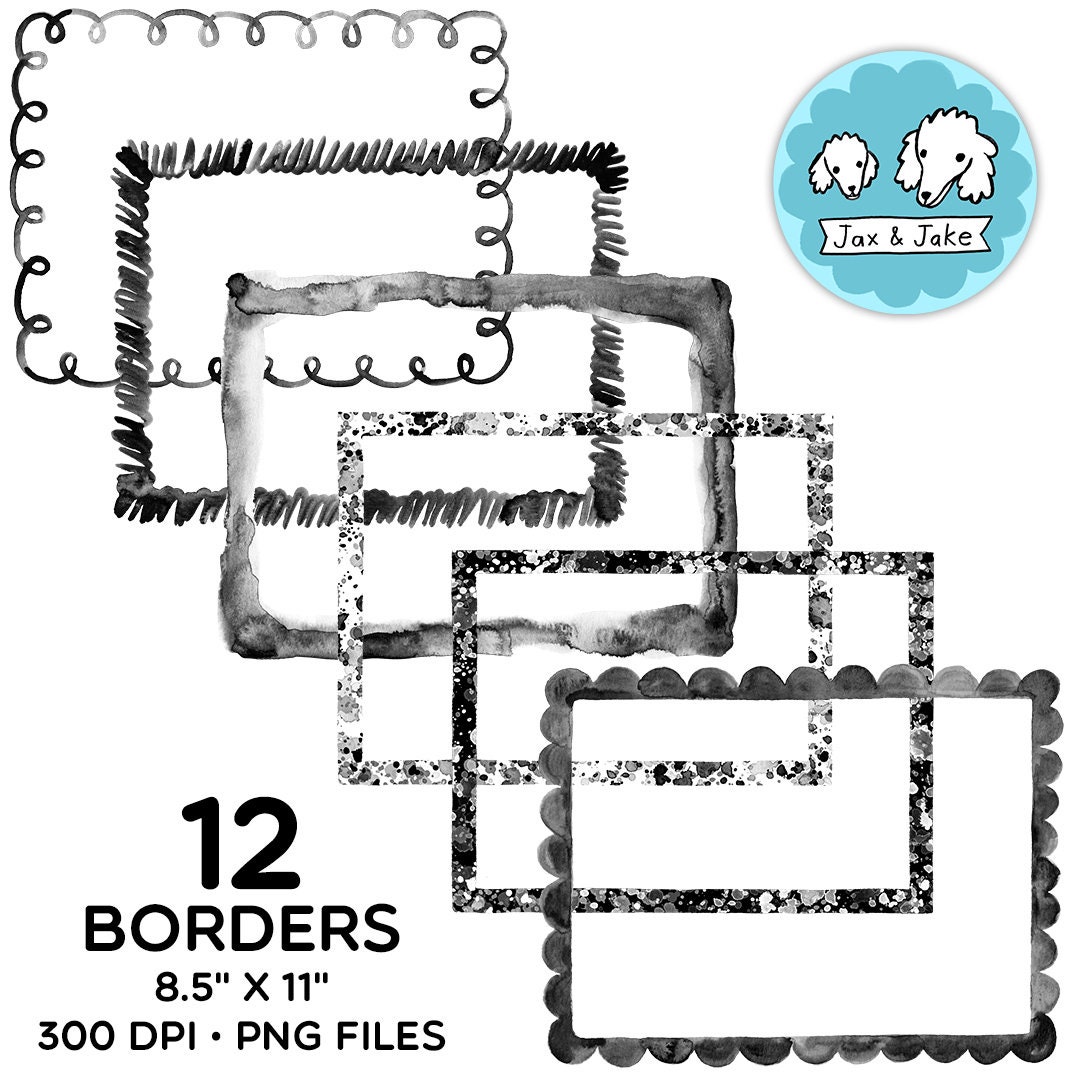 Black and White Watercolor Clipart Borders 2, Doodle Clip Art Frames ...