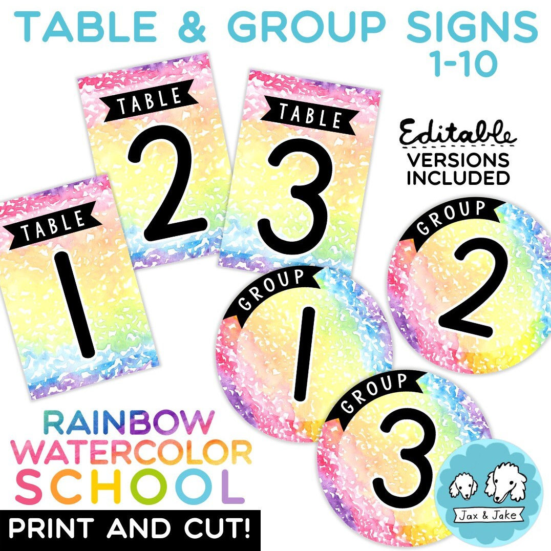 Editable Rainbow Watercolor Table and Group Number Signs Labels 1-10 ...
