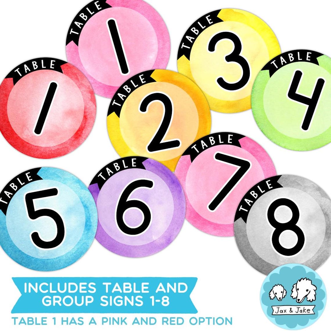 Editable Rainbow Watercolor Table and Group Number Signs Labels 1-8 ...