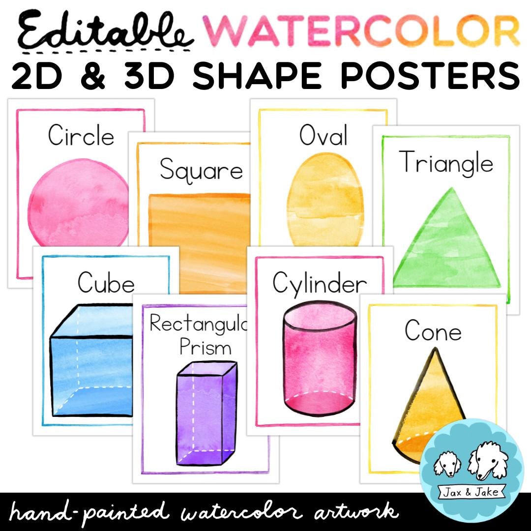 Editable Watercolor 2D and 3D Shape Posters, Printable Classroom ...