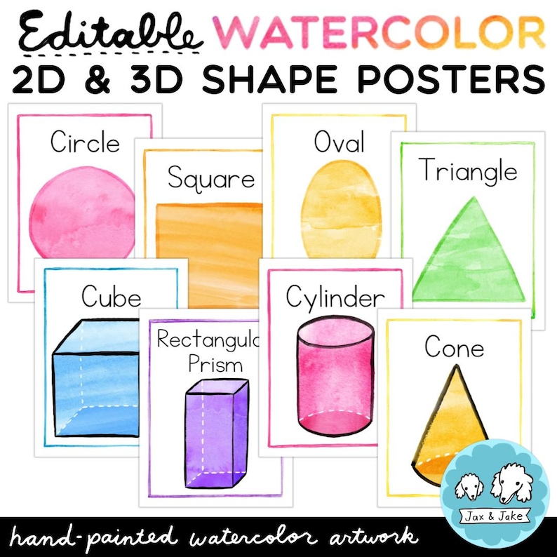 Printable Watercolor 2D and 3D Shape Posters, Editable Classroom ...
