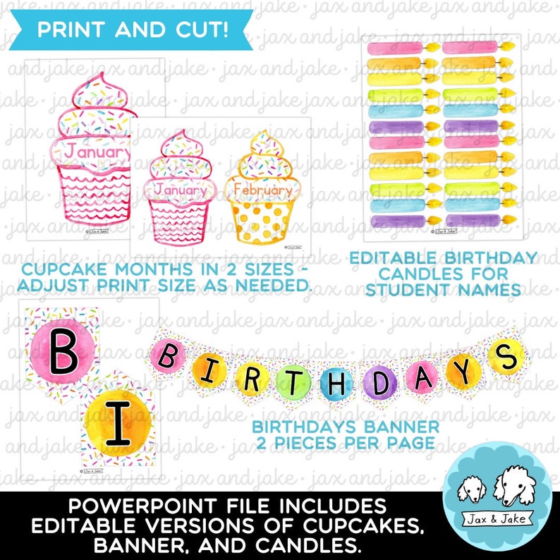 Editable Rainbow Watercolor Birthday Display, Printable Cupcake ...