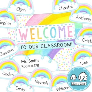 Editable Pastel Rainbow Watercolor Door Decor, Welcome Sign, Name ...