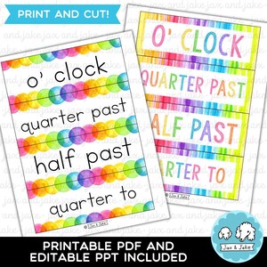 Editable Rainbow Watercolor Clock Labels - Printable Telling Time Clock ...