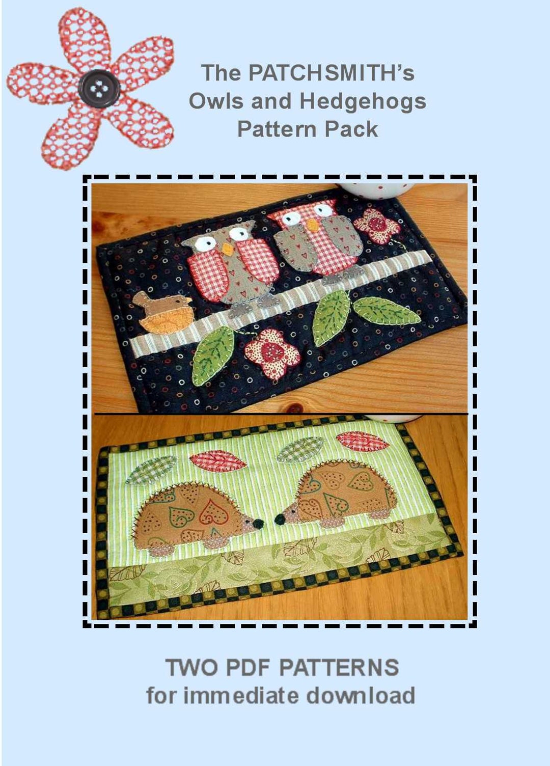 Owl and Hedgehog Pattern Pack - Two Country Mug Rug Patterns From the Patchsmith - Etsy