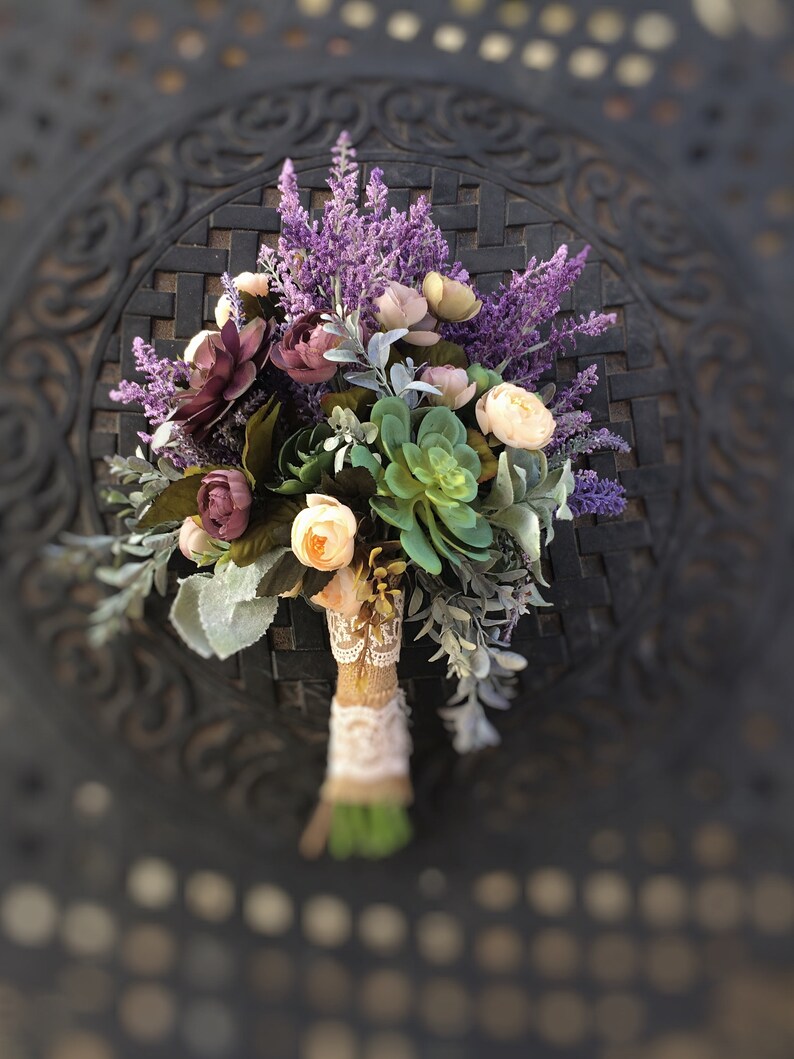 Boho Wedding Bouquet: Lavender, Succulents, Rustic Silk Flowers - Etsy