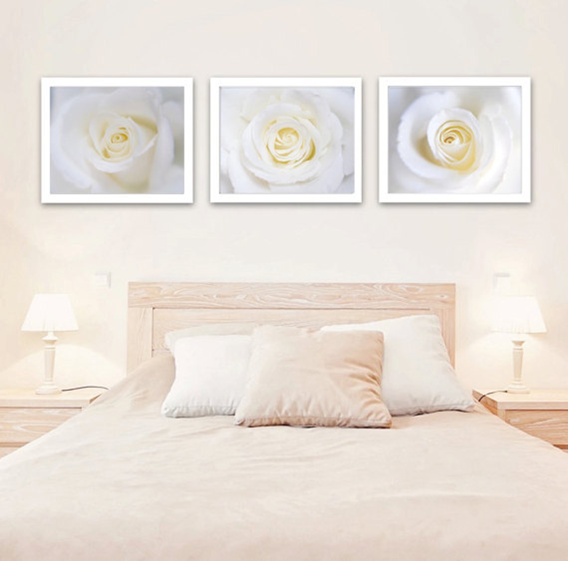 White Wall Art Set, White Rose Print Set 3 White Flower Pictures, White ...