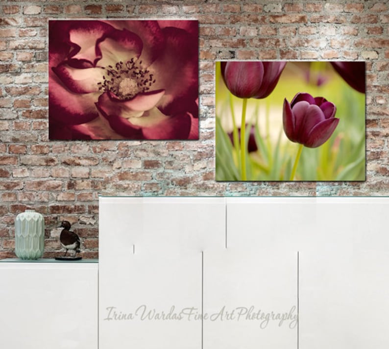 Floral Canvas Wall Art Set Burgundy Artwork Wall Decor Flower - Etsy