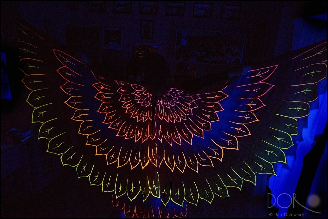 Ultraviolet Bird Wings. Hand-painted Silk Wings Glowing in UV Light ...