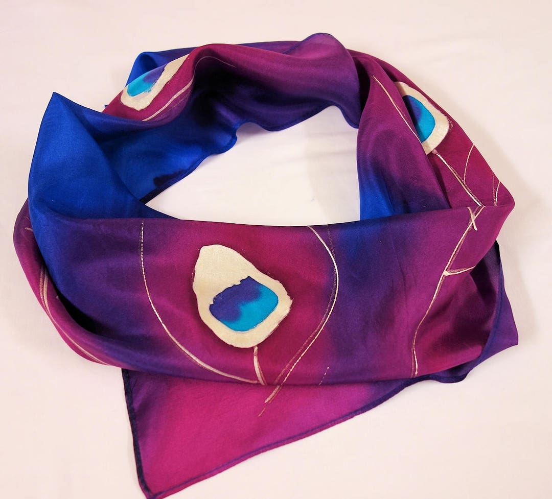 Peacock Multicolored Scarf. Small Hand Painted Silk Scarf Perect as ...
