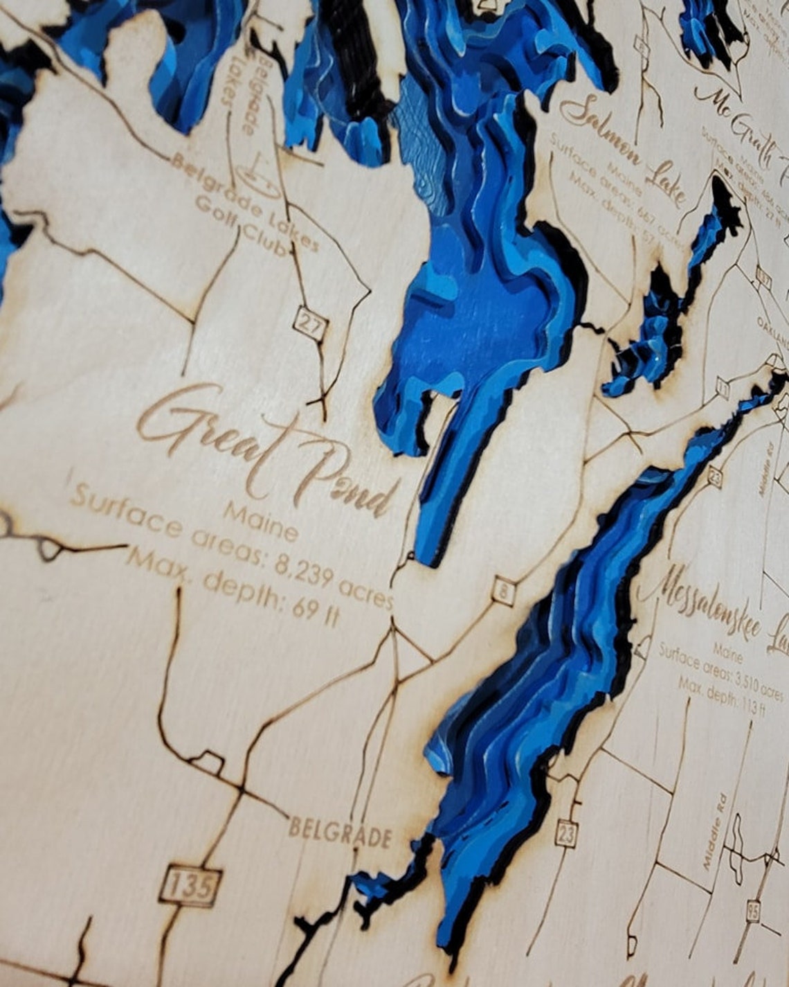 3D Layered Wood Map With Lake Depths Belgrade Lakes Maine - Etsy