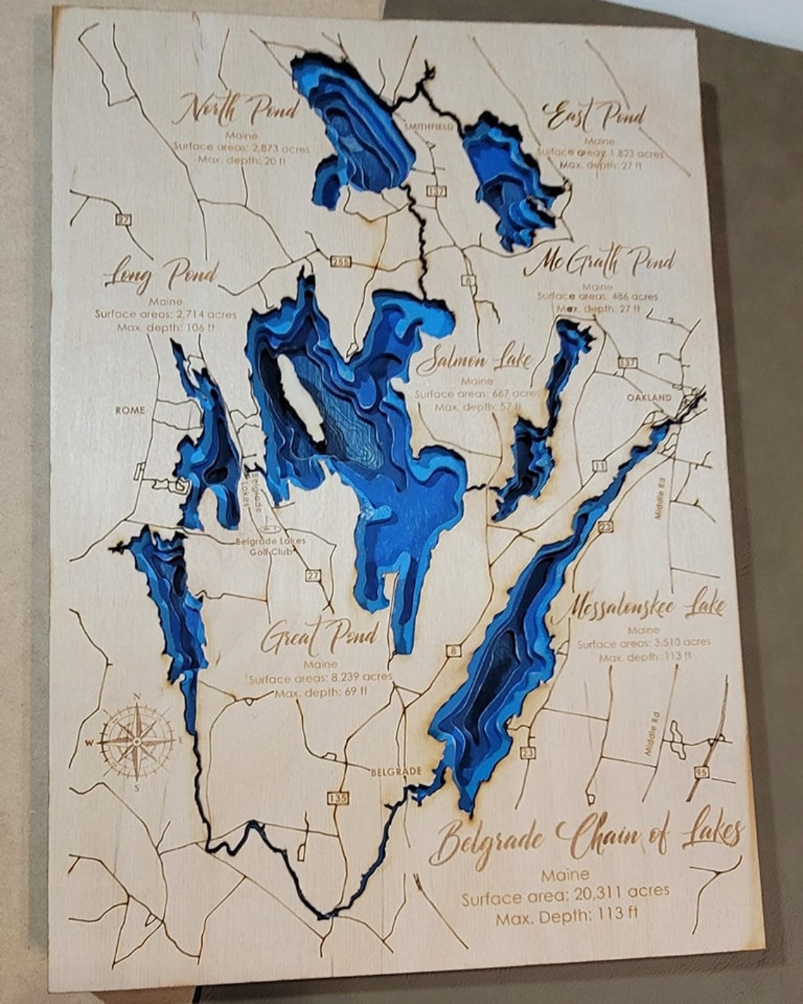 3D Layered Wood Map With Lake Depths Belgrade Lakes Maine - Etsy