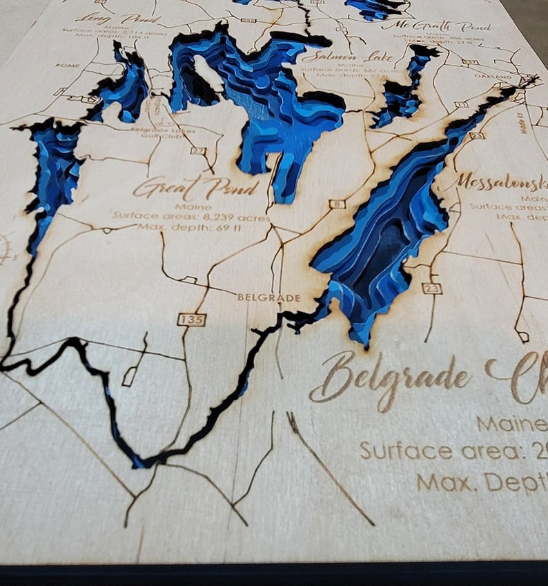 3D Layered Wood Map With Lake Depths Belgrade Lakes Maine - Etsy