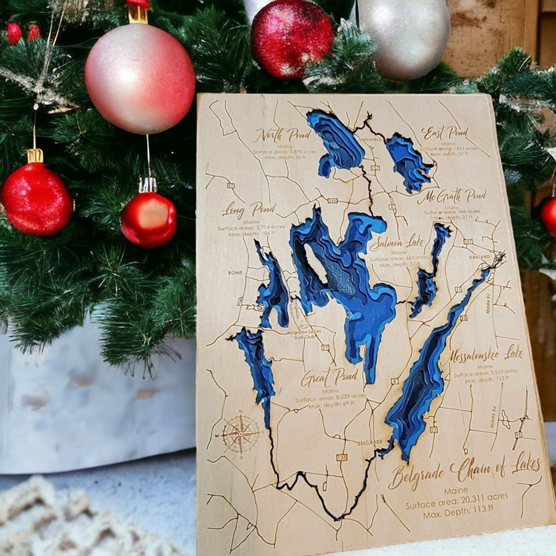 3D Layered Wood Map With Lake Depths Belgrade Lakes Maine - Etsy