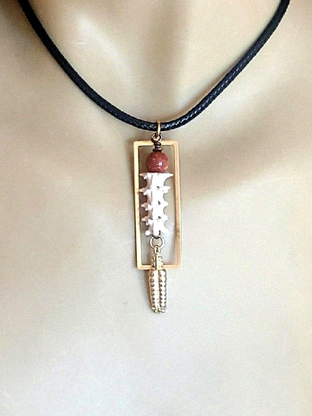 Snake Vertebrae Necklace With Gold Rattlesnake Tail / Real Snake Bone ...