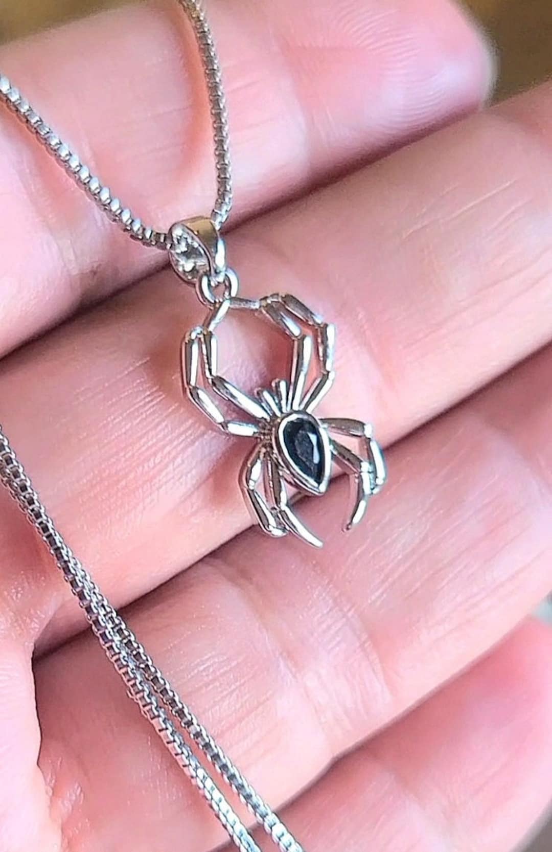 Silver Spider Necklace / Small Spider With Black Stone on Box Chain ...