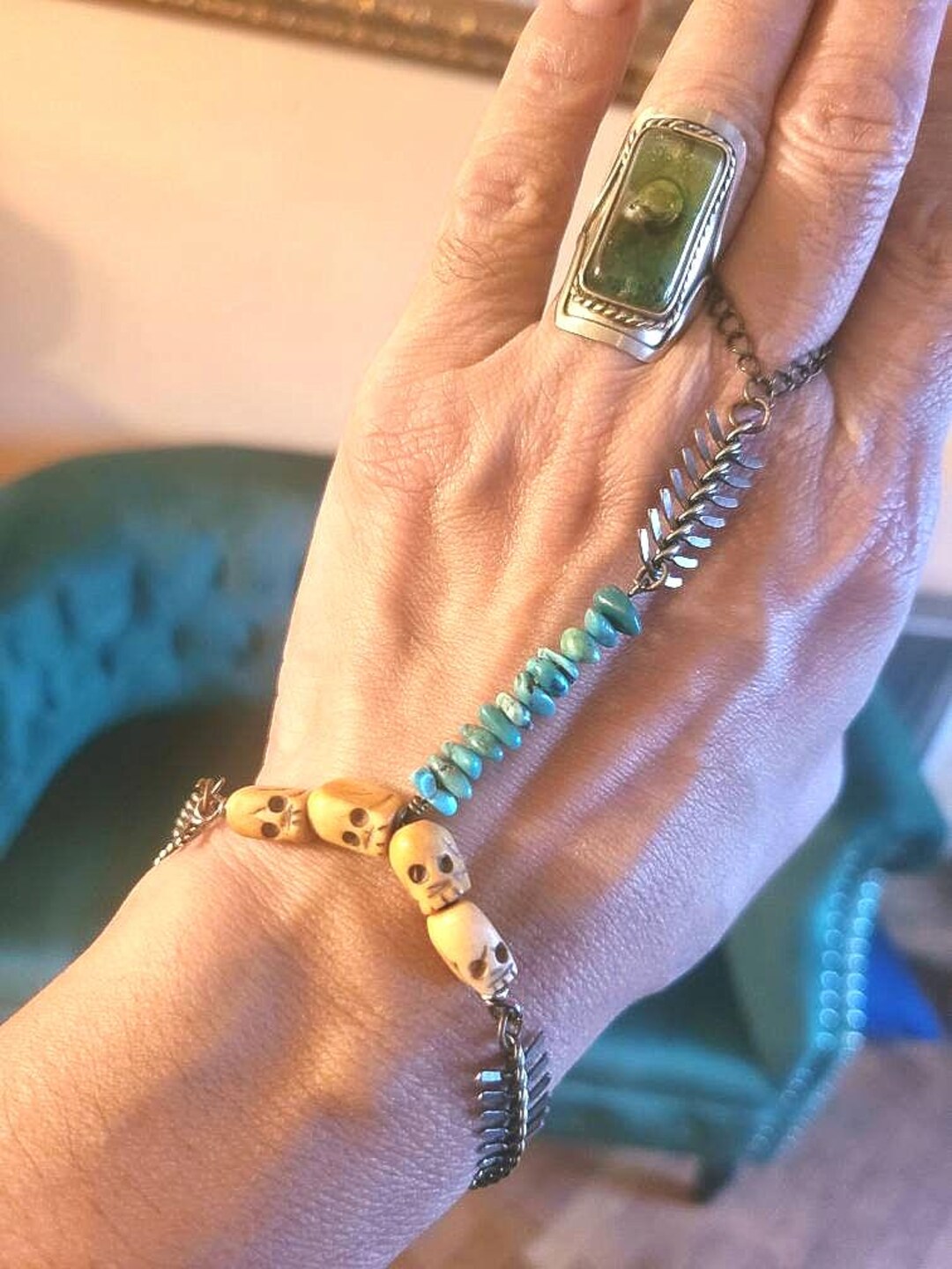 Gothic Slave Bracelet / Turquoise & Skull Head Bone Bracelet / Fish ...