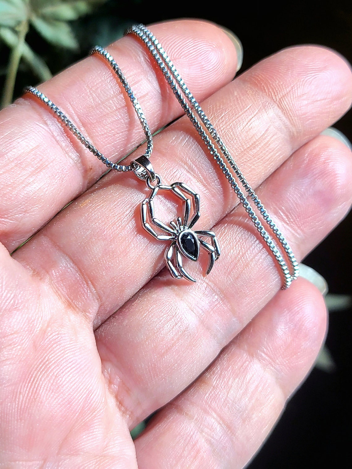 Silver Spider Necklace / Small Spider With Black Stone on Box Chain ...