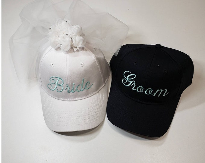 Bride and Groom Embroidered Baseball Caps With Veil - Etsy